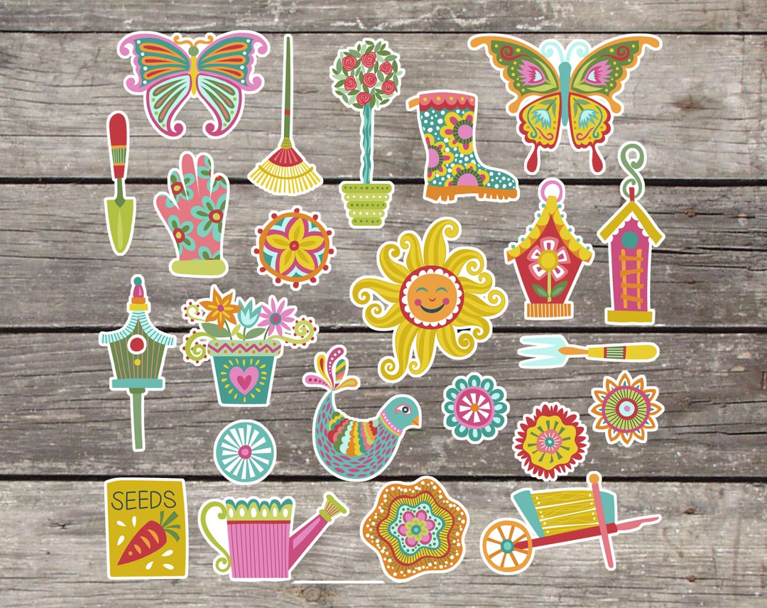 Fun Garden Theme Stickers. Retro Folk Style Sheet. Gardening Stickers ...