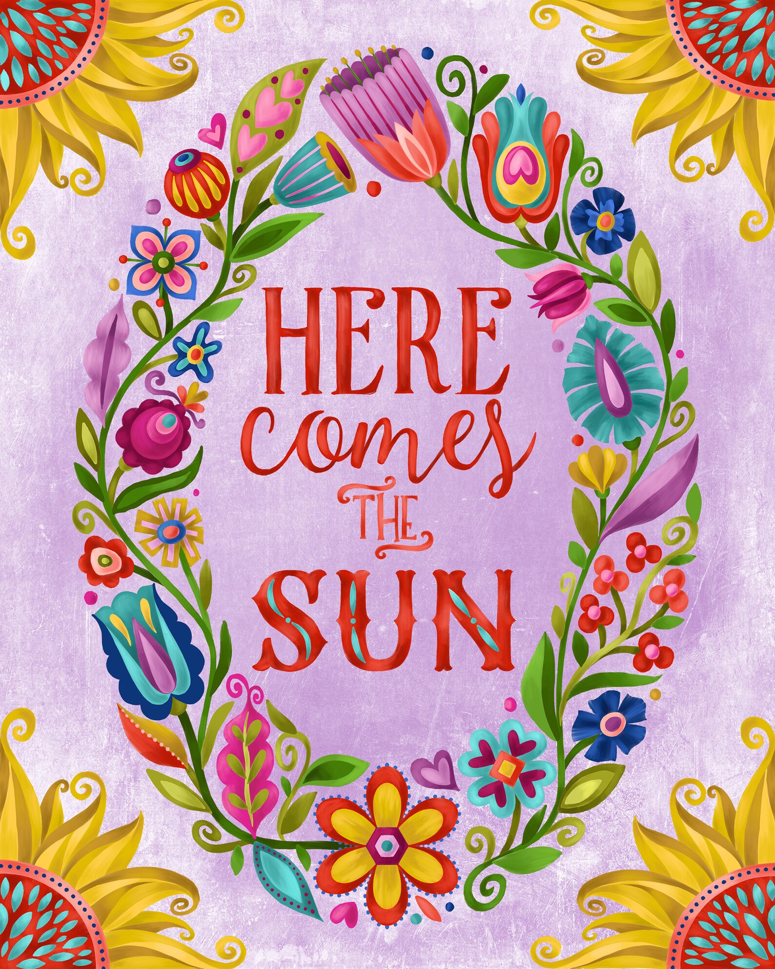 Here Comes the Sun Hand Lettered Floral Folky Blank Greeting - Etsy