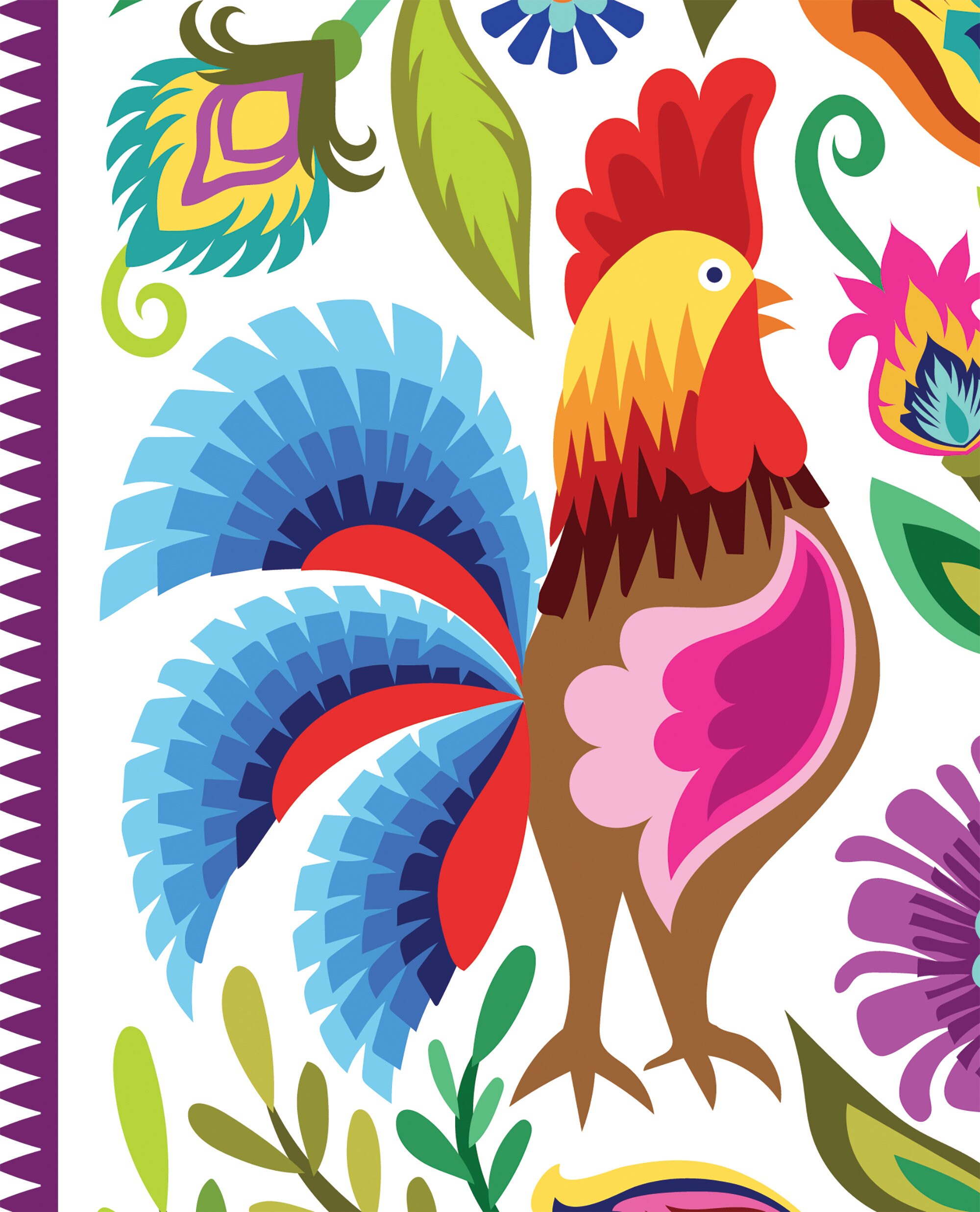 Polish Folk Art Rooster Chicken Print. Colorful Wycinanki Style Floral ...