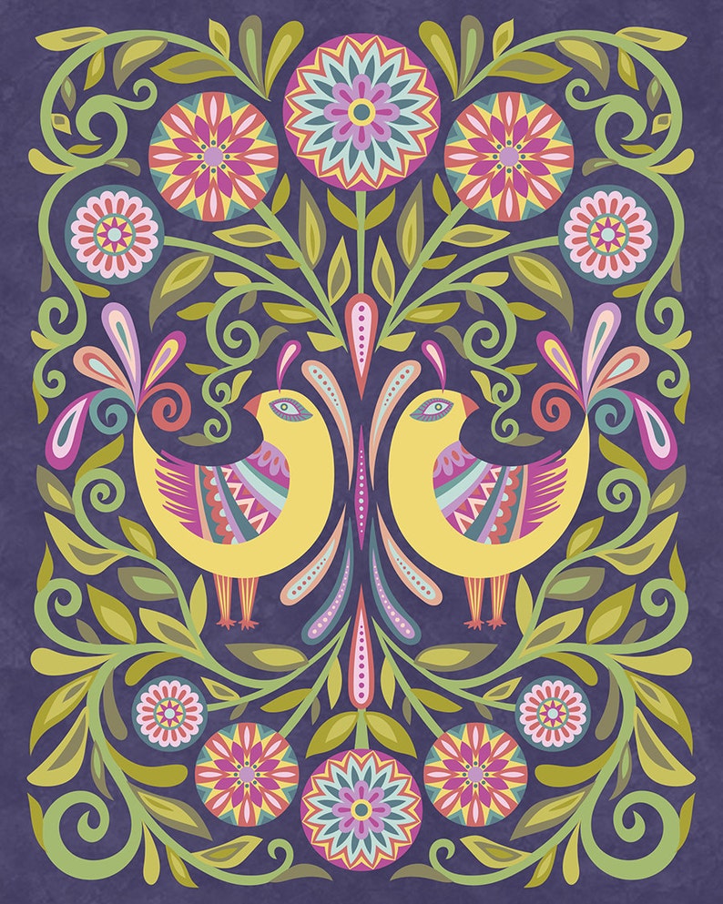 Floral Botanical Bird Folk Art Wycinanki Style Flower Print - Etsy