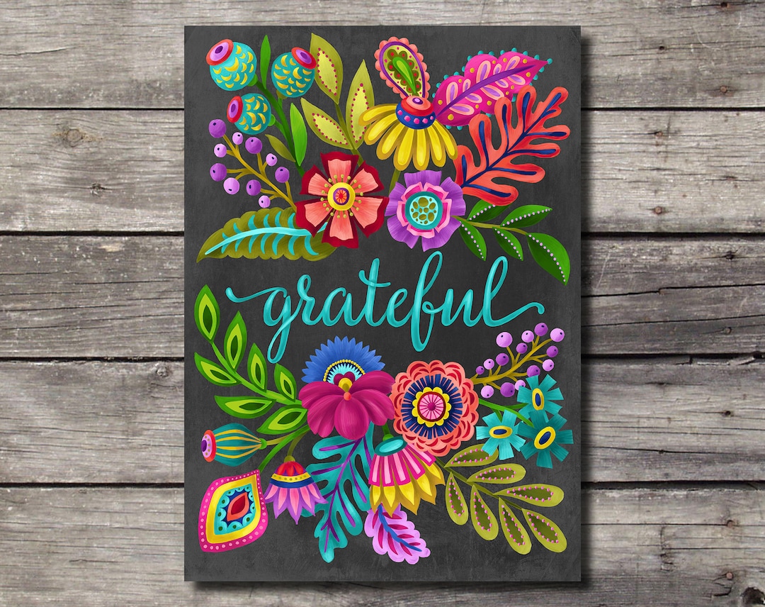 Colorful Flowers on Chalkboard Inspirational Words Folk Style "grateful ...