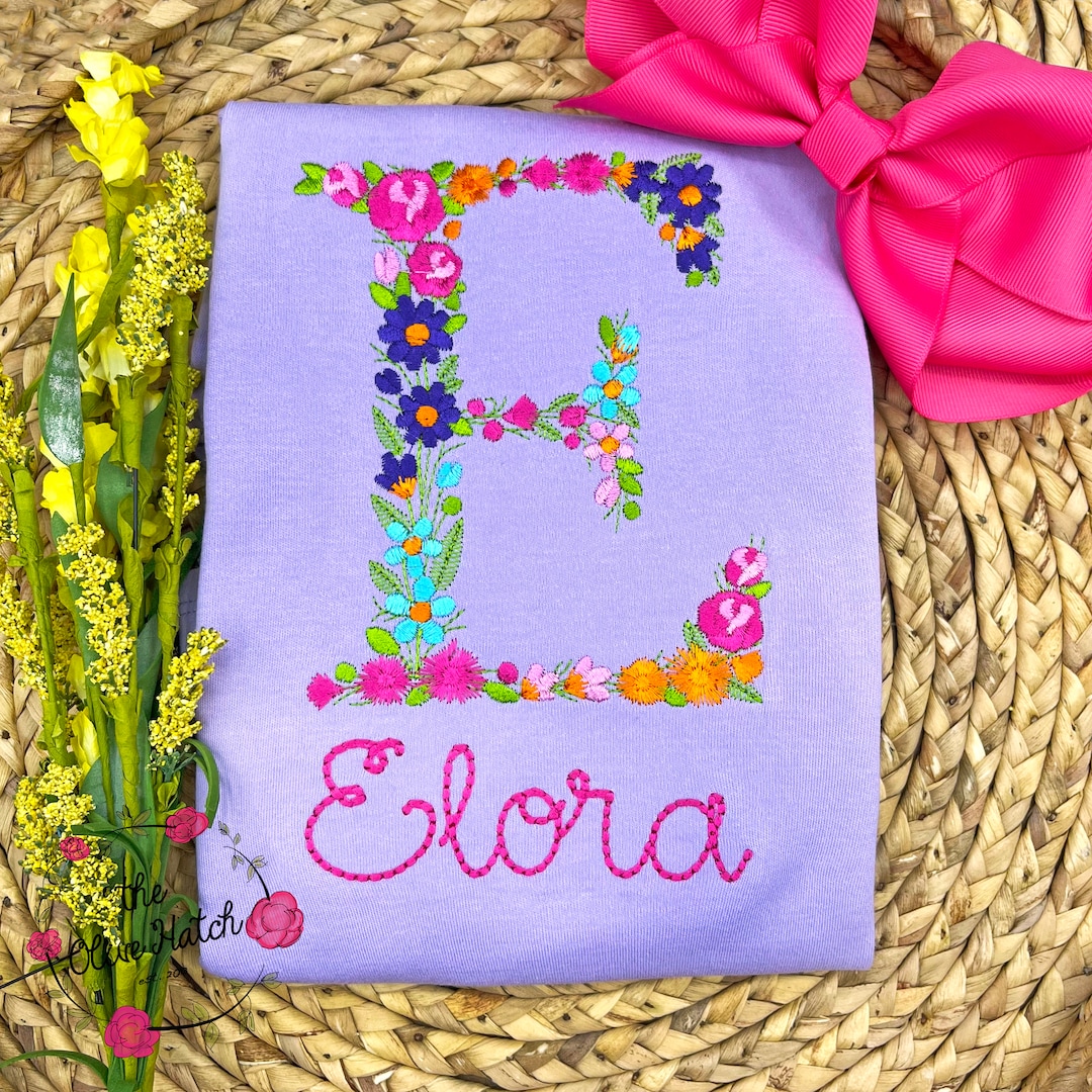 Floral Girl Monogram Shirt / Wildflower Shirt / Flower Embroidery Shirt ...