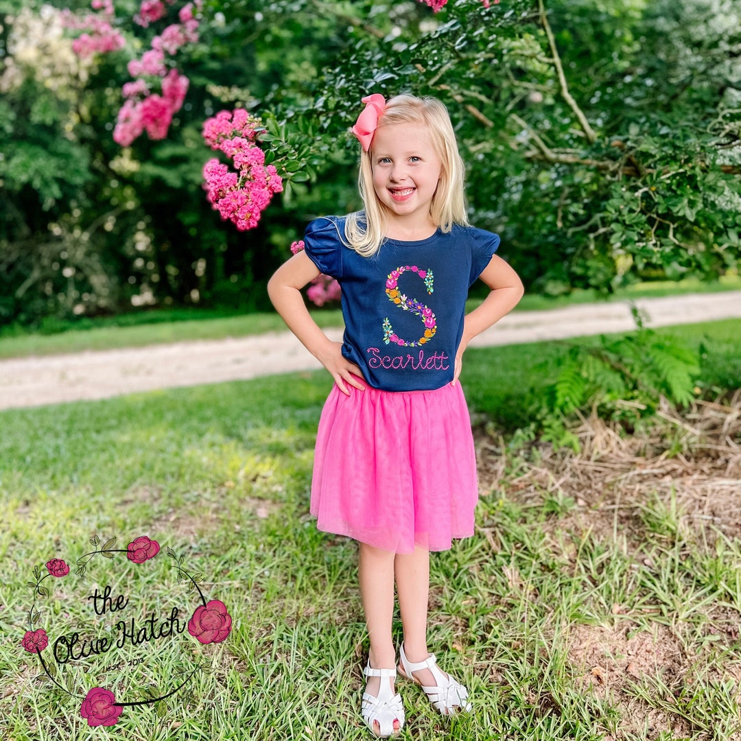 Floral Girl Monogram Shirt / Wildflower Shirt / Flower Embroidery Shirt ...