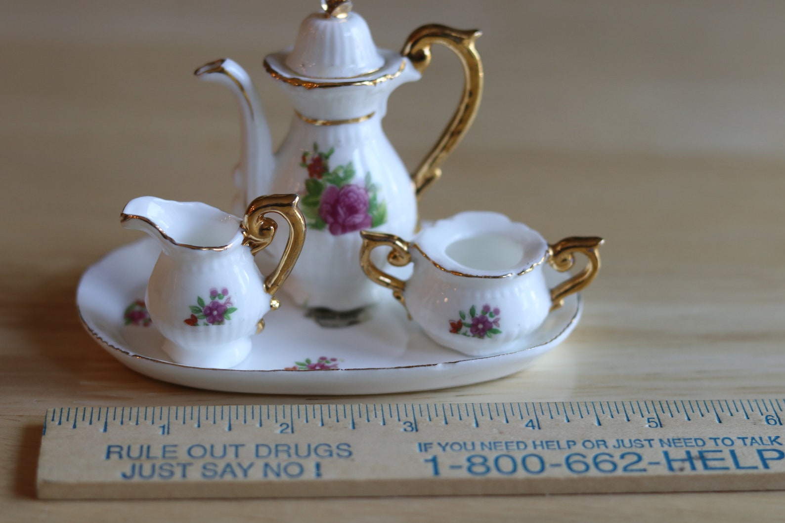 Miniature Tea Set Pitcher Creamer Sugar Tray Gold Accents Pink Roses ...