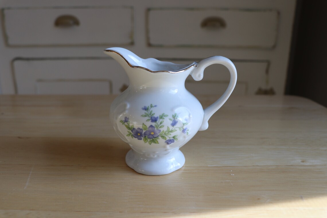 Vintage Creamer Pitcher With Purple Poppy Violet Flowers and - Etsy