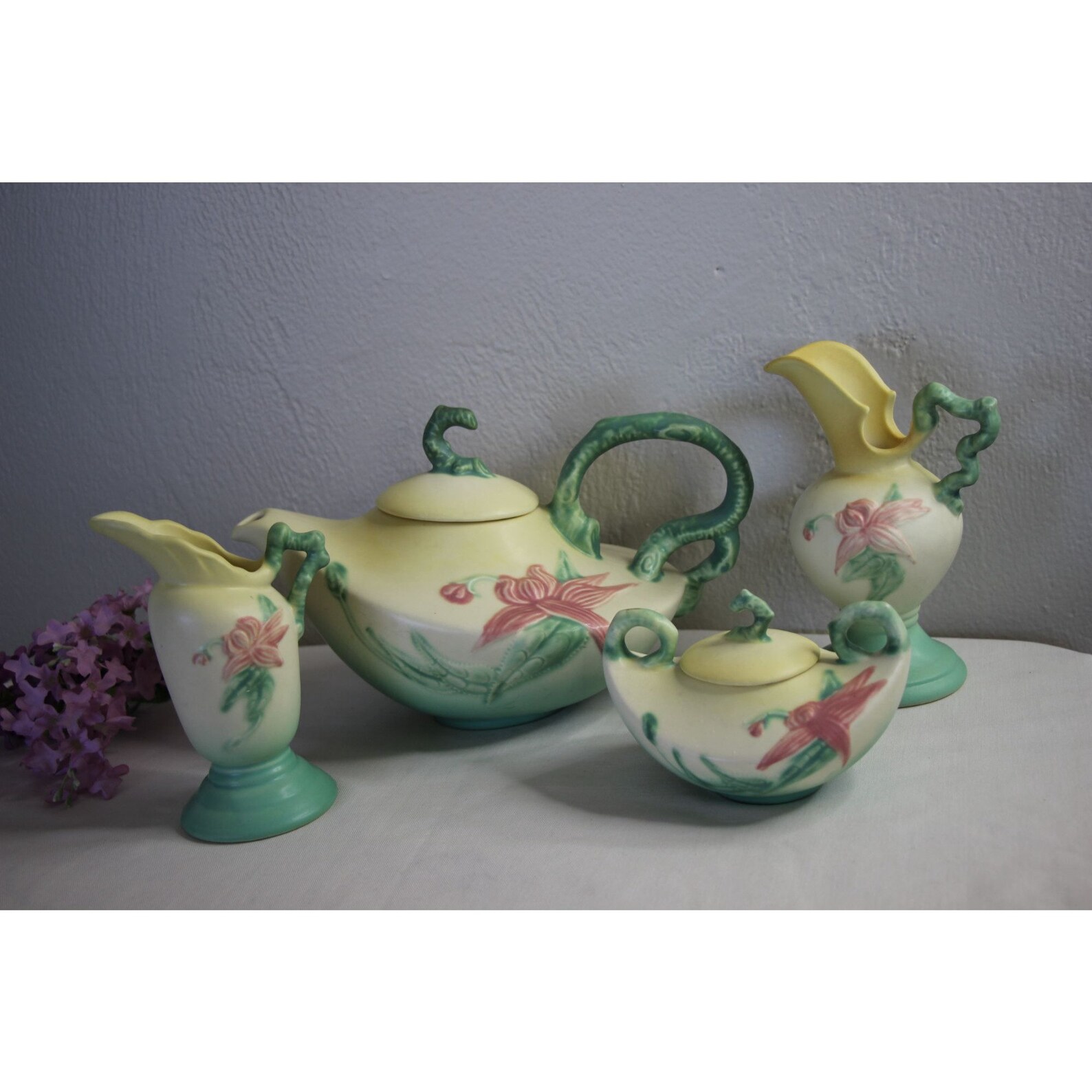 Vintage Hull Pottery 4 Piece Teapot Tea Serving Set Sugar Bowl Creamer ...