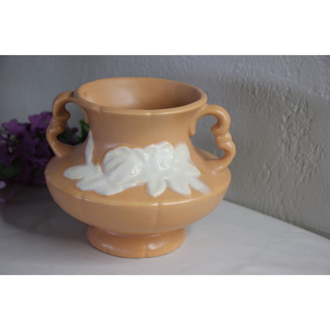 Vintage Weller Pottery Cameo Rose Urn Vase Peach and Ivory Double ...