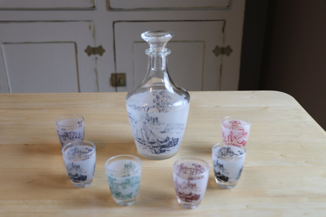 Vintage French Decanter with Stopper and 6 Multi Color Shot Glasses ...