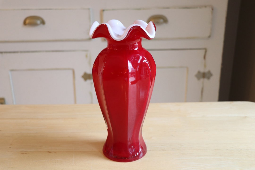 Vintage Ruby Red Blown Cased Art Glass Ruffled Rim Vase White Interior ...