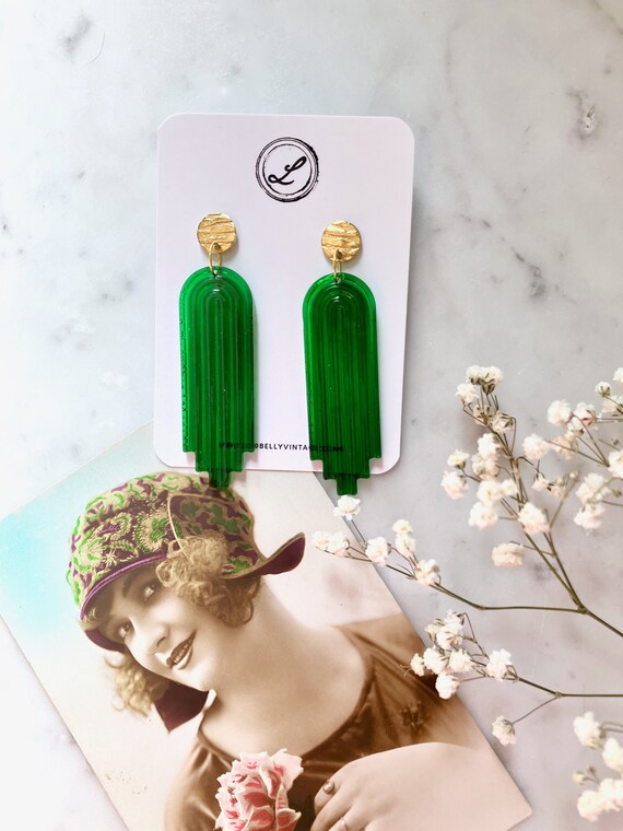 Art Deco Green and Gold Earrings Art Deco Earrings Geometric Earrings Vintage Style Resin Earrings Etsy