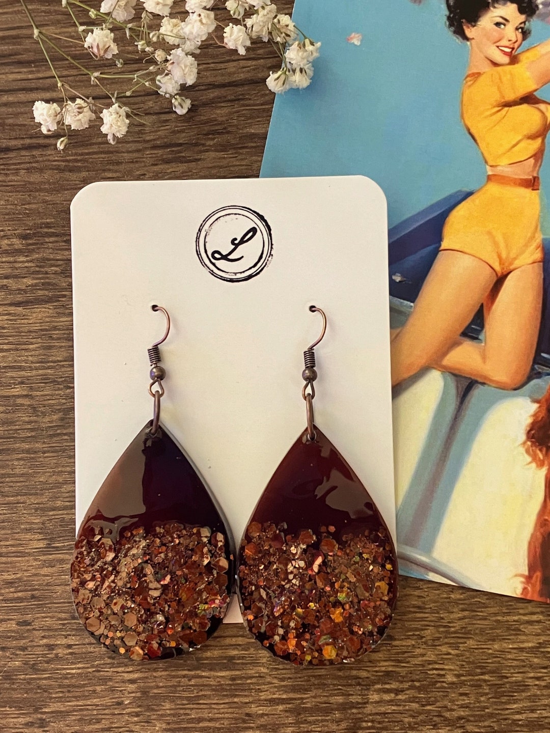 Brown Glitter Resin Tear Drop Earrings | Bronze-plated Posts - Etsy