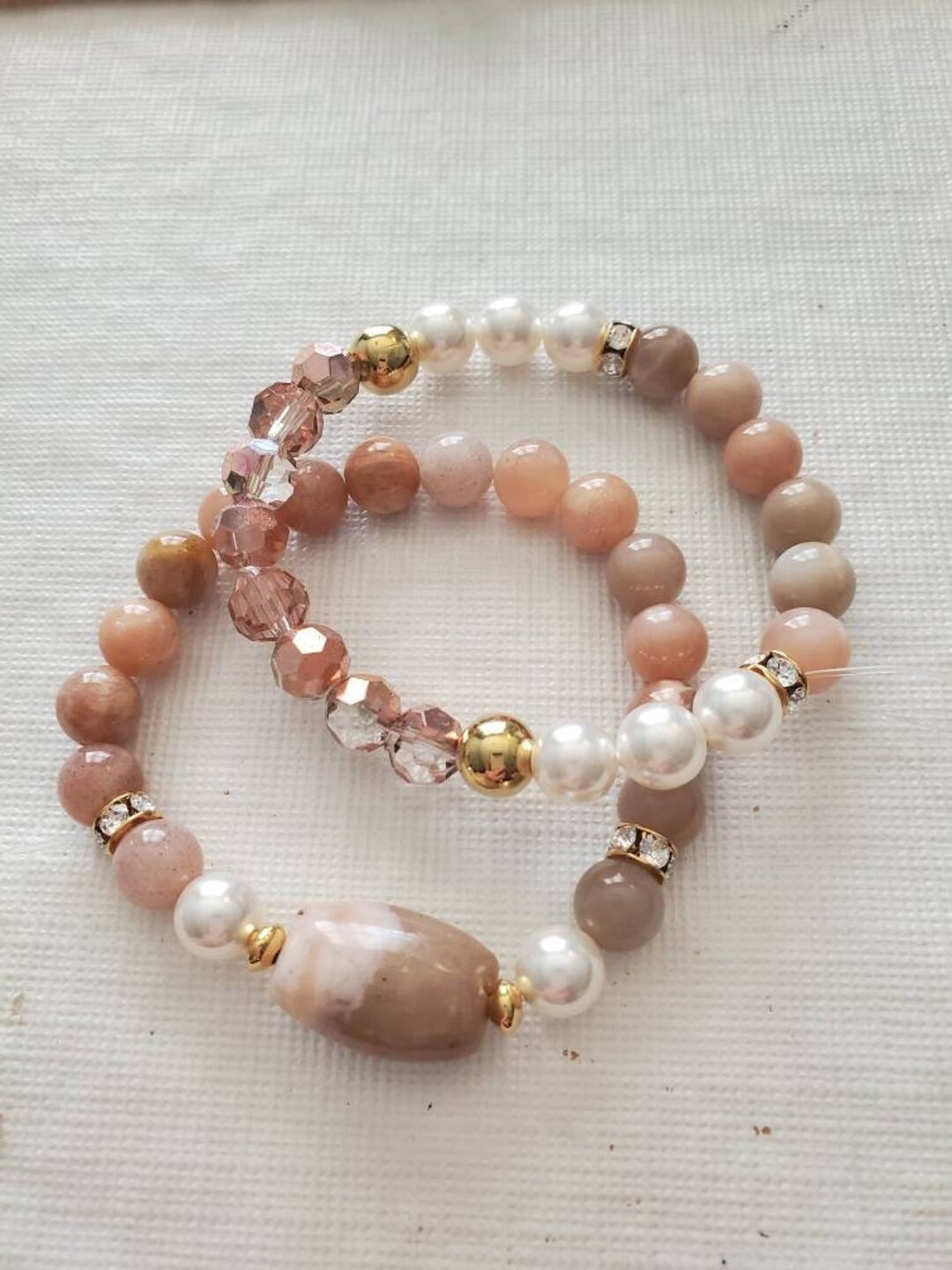 Sunstone Bracelet Stack With Swarovski Pearls, Czech Glass, and 14k ...