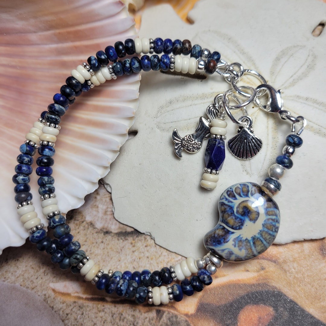 Beachy Seashell and Gemstone Bracelet, Blue Gemstone and Sterling ...