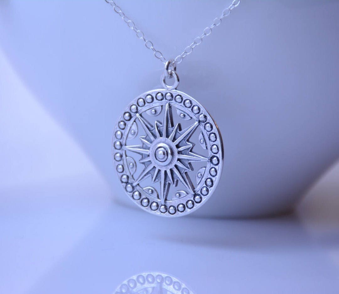Sterling Silver Sundial Necklace: Long Boho Compass Pendant - Etsy