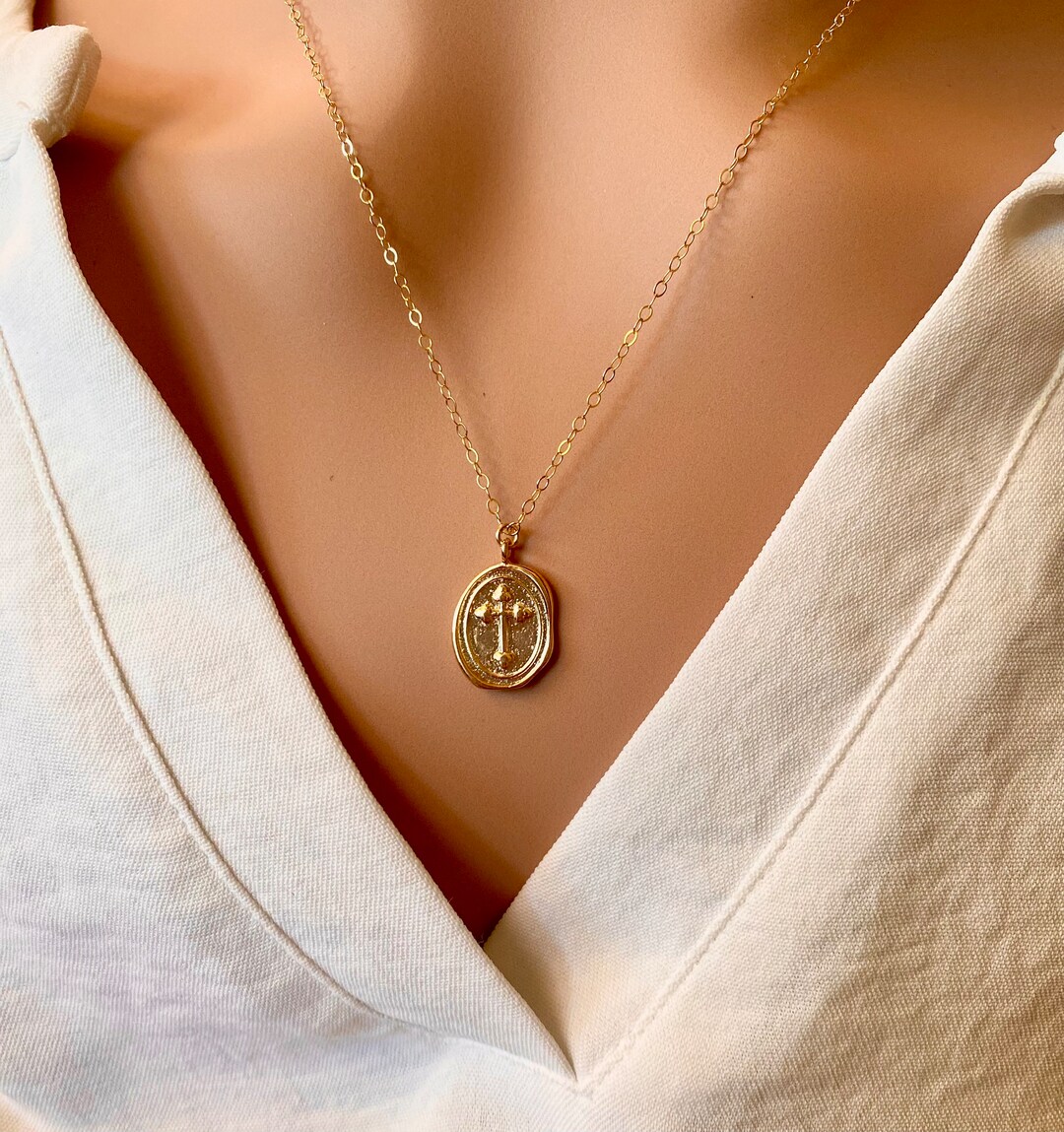 Stamped Gold Cross Pendant, Cross Medallion Necklace, Gold Coin Jewelry ...