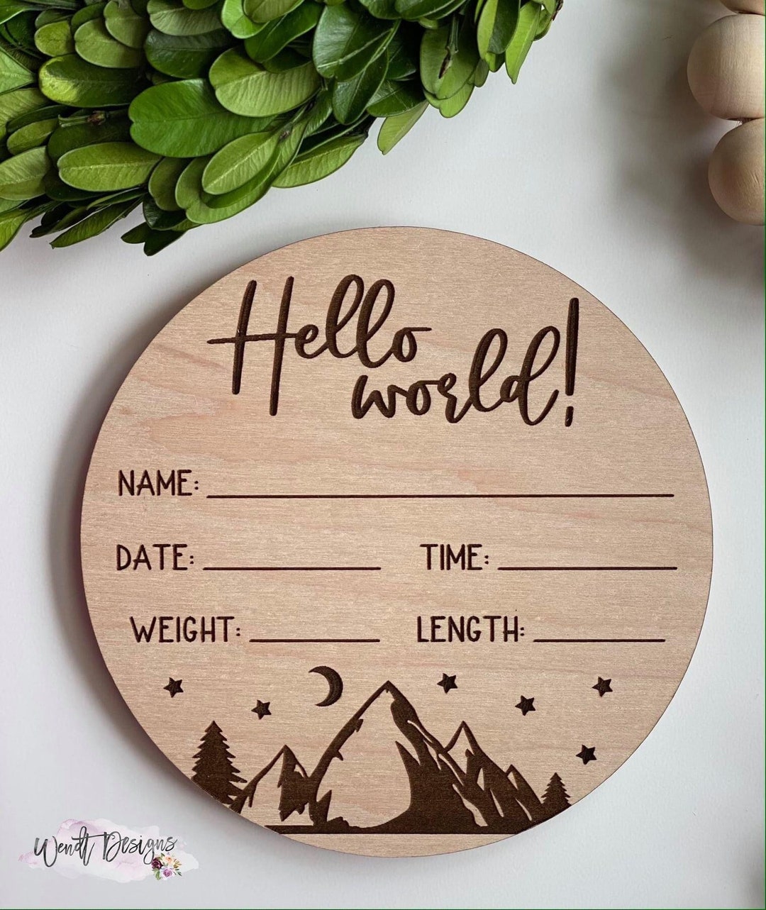 Engraved Hello World Birth Stat Sign, Mountains Hello World Wood Birth ...
