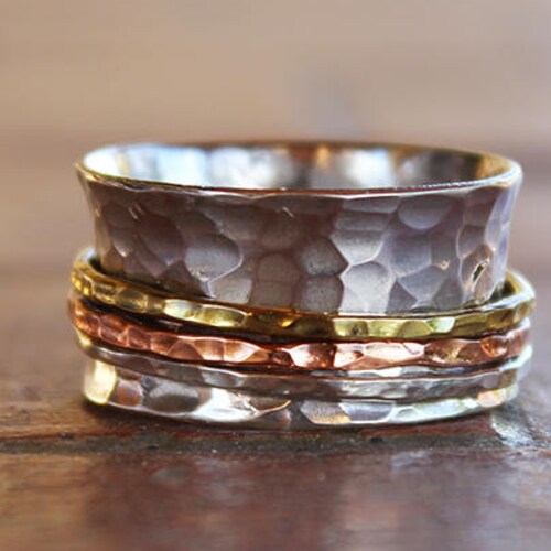 Tri Color Stack Rings 5 Band Stacking Ring Set Hammered Yellow | Etsy
