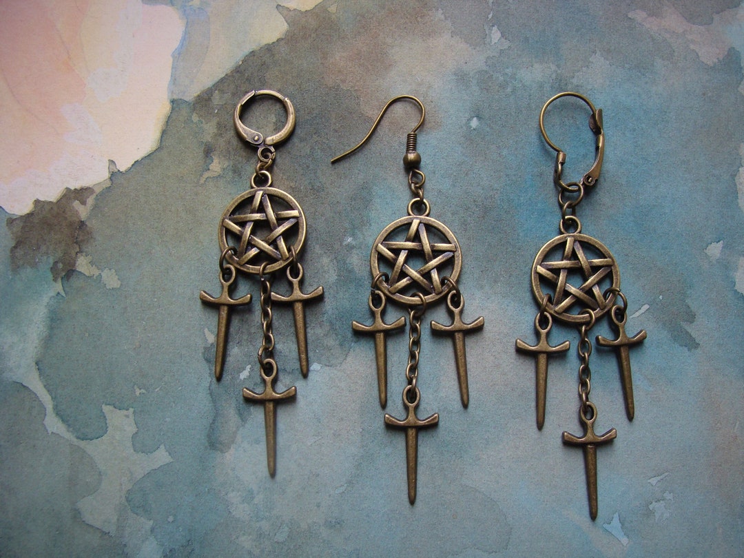Protection - Pentagram Swords Earrings Antiqued Bronze Huggie Hoops ...