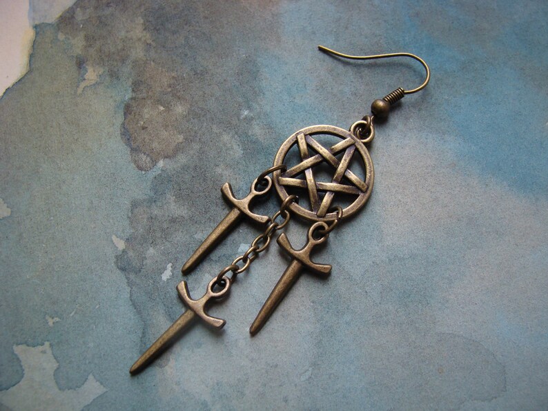 Protection - Pentagram Swords Earrings Antiqued Bronze Huggie Hoops ...