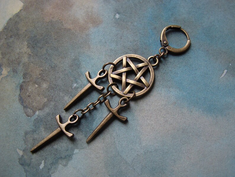 Protection - Pentagram Swords Earrings Antiqued Bronze Huggie Hoops ...