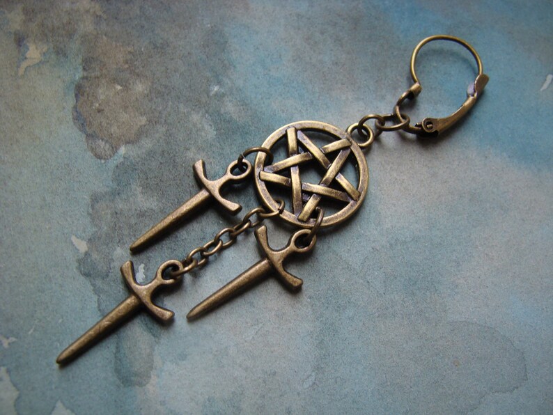 Protection - Pentagram Swords Earrings Antiqued Bronze Huggie Hoops ...