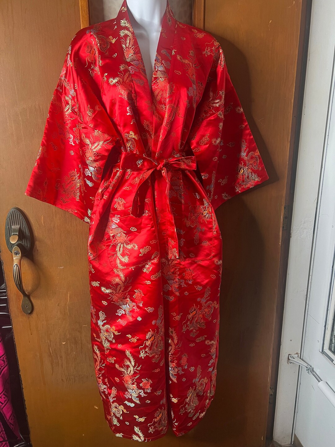 Uahong Mei Red Robe Embroidered Smoking Jacket Coat Size Large Xl ...