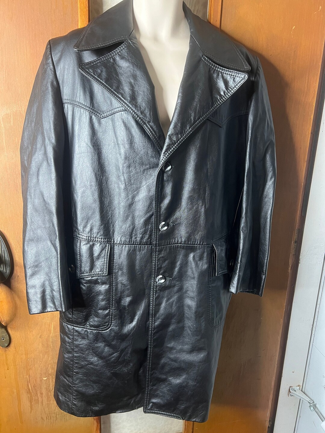 REED Vintage 70s Mens Black Leather Trench Jacket Coat Size 44 Medium ...