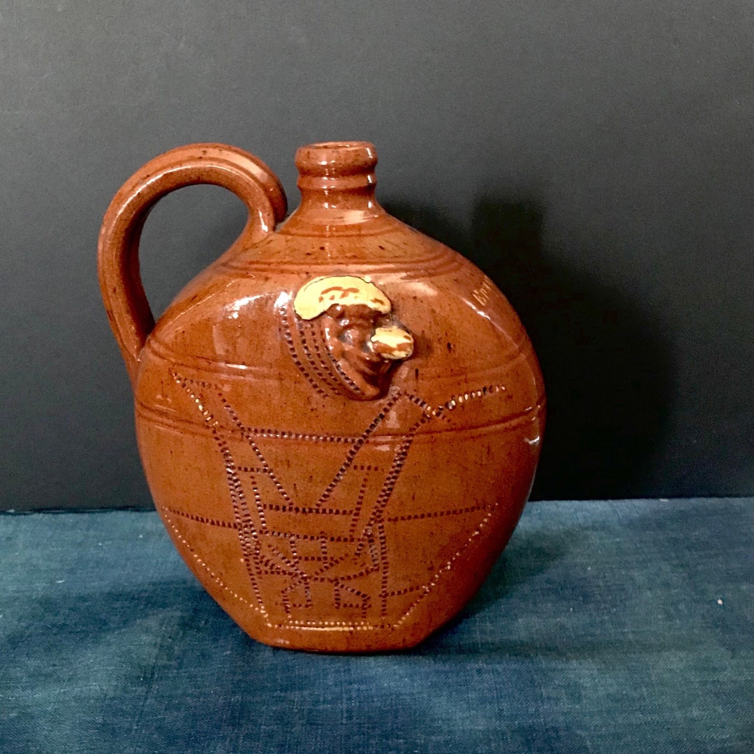 Antique English Folk Art Pottery Redware Face Jug, Incised Decorations ...