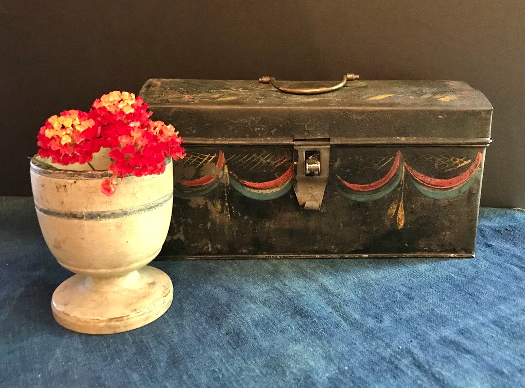 Antique Painted Tin Box, Tole Ware, Red, White, Blue Swags - Etsy