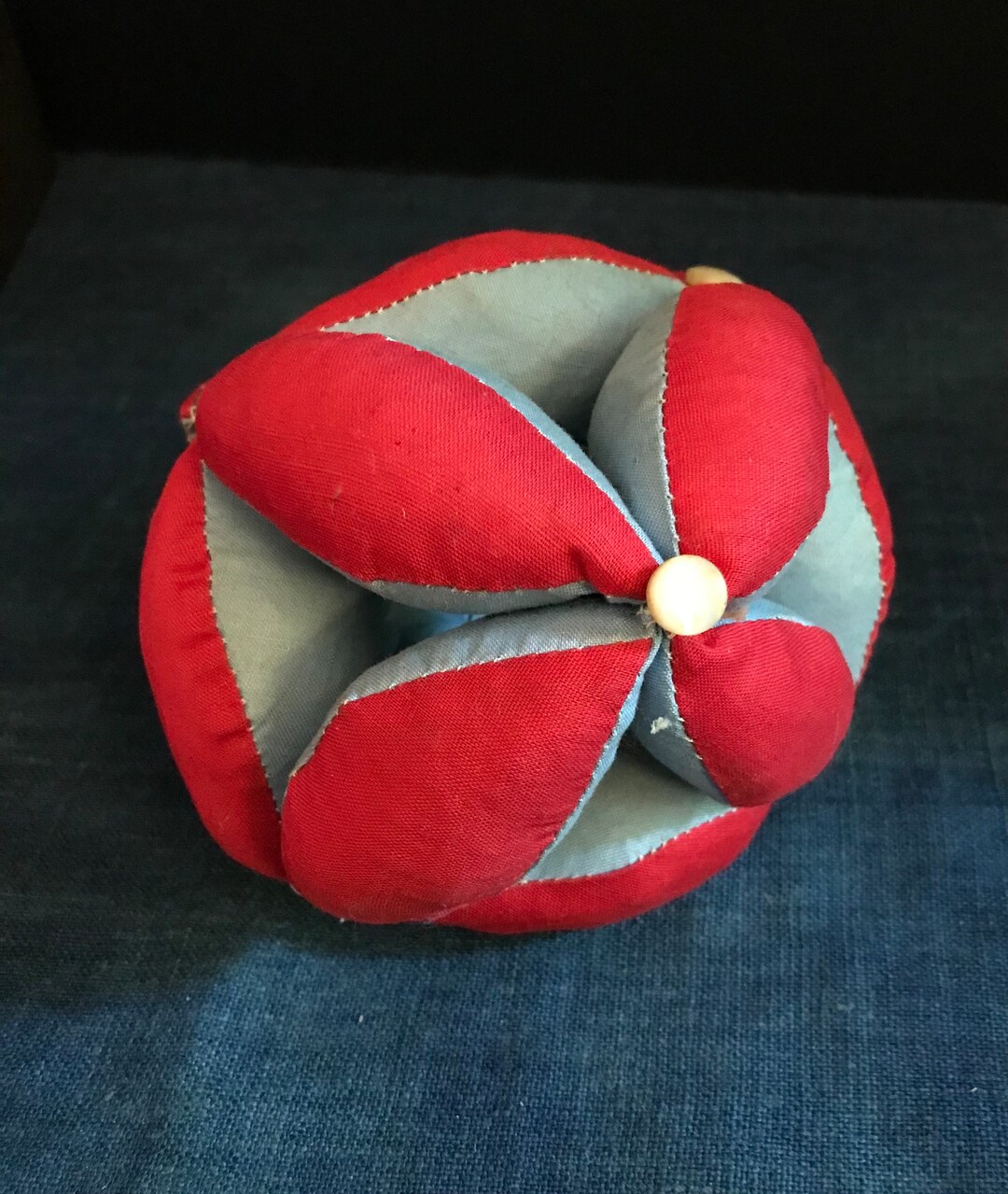 Antique Puzzle Ball, Pin Cushion, Red and Blue, Straw Stuffed - Etsy
