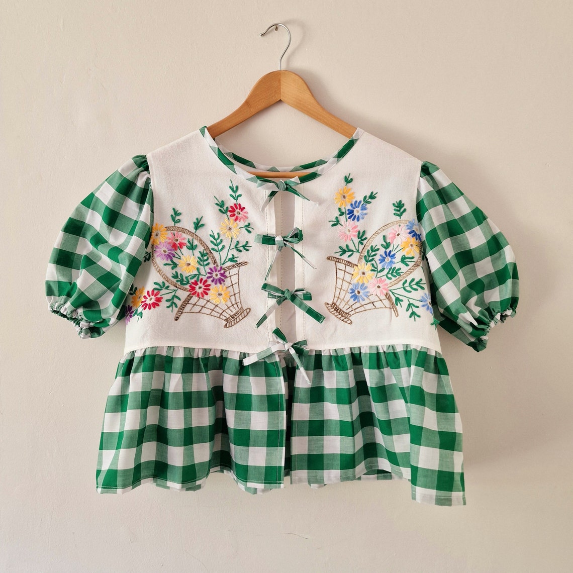 Ganni Style Vintage Blouse, Green Gingham Peplum, Vintage Embroidered ...