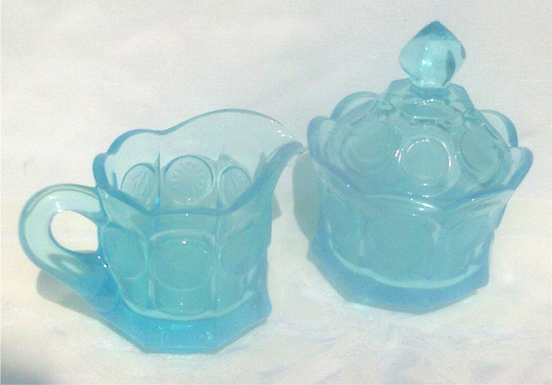 FOSTORIA GLASS COMPANY Blue Coin Glass Creamer & Sugar - Etsy
