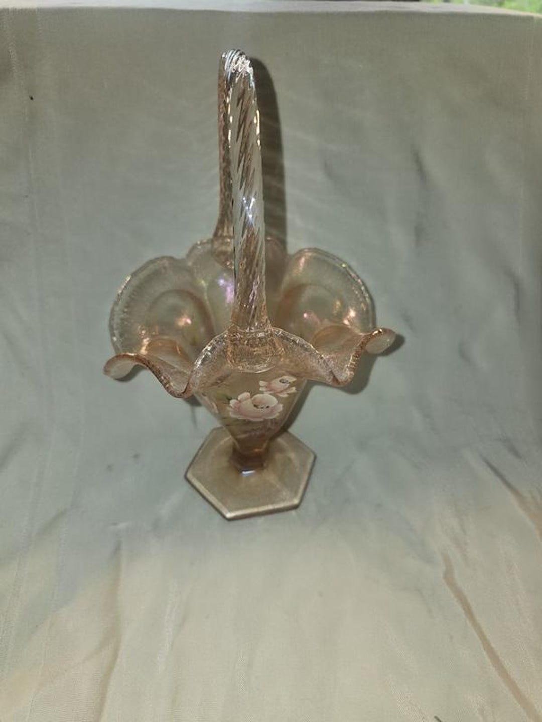 FENTON ART GLASS - Sunset Peach Stretch Glass Decorated Basket - Etsy