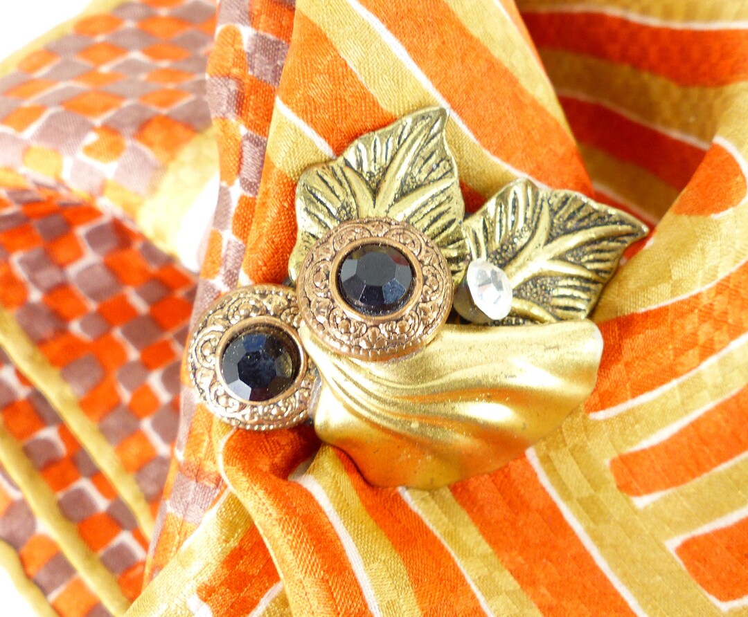 Magnetic Brooch Mag TAK™ Gold Leaf and Rhinestone Design. Silk Button ...