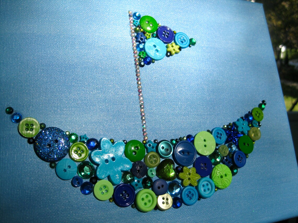 Button & Crystal Sailboat | Art for Kids Rooms | Nursery Decor | Canvas ...