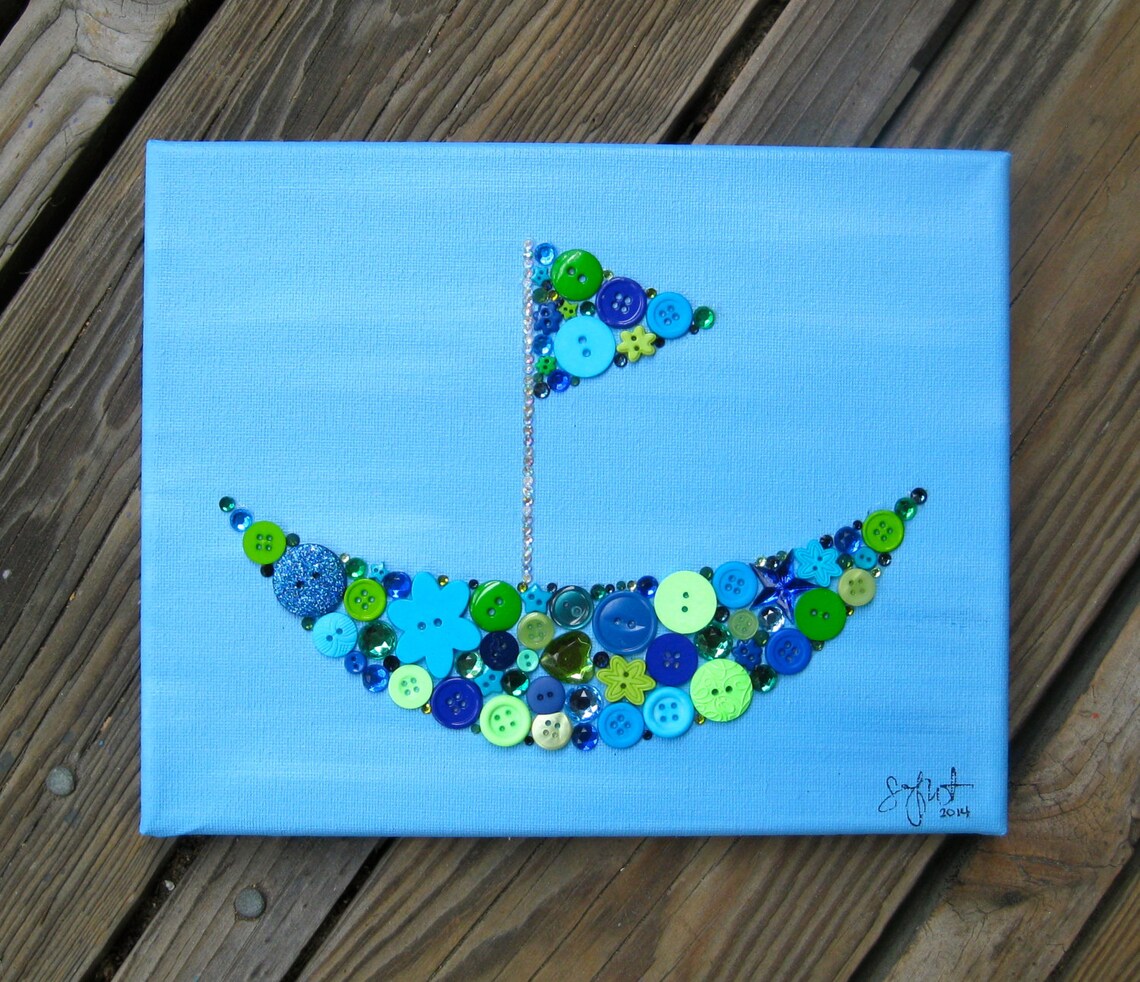 Button & Crystal Sailboat | Art for Kids Rooms | Nursery Decor | Canvas ...
