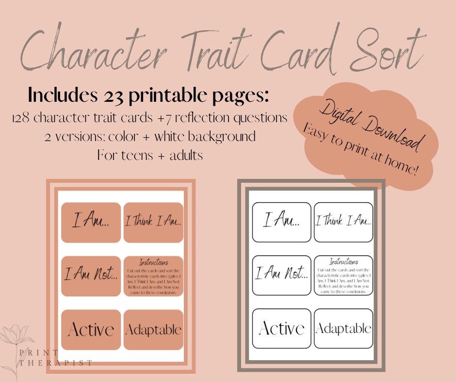 Character Trait Card Sort - Therapy Worksheet Printable, Teens and ...