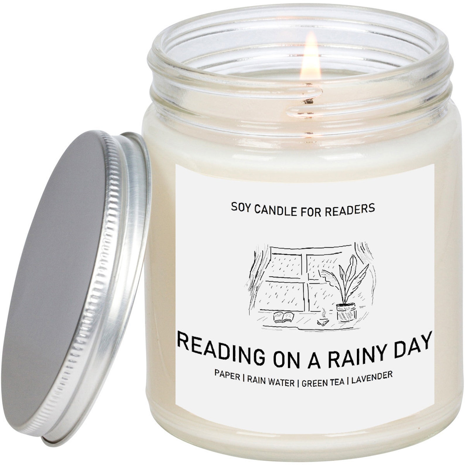 Reading on A Rainy Day - 8 Oz Glass Jar Literary Soy Candle - Book ...