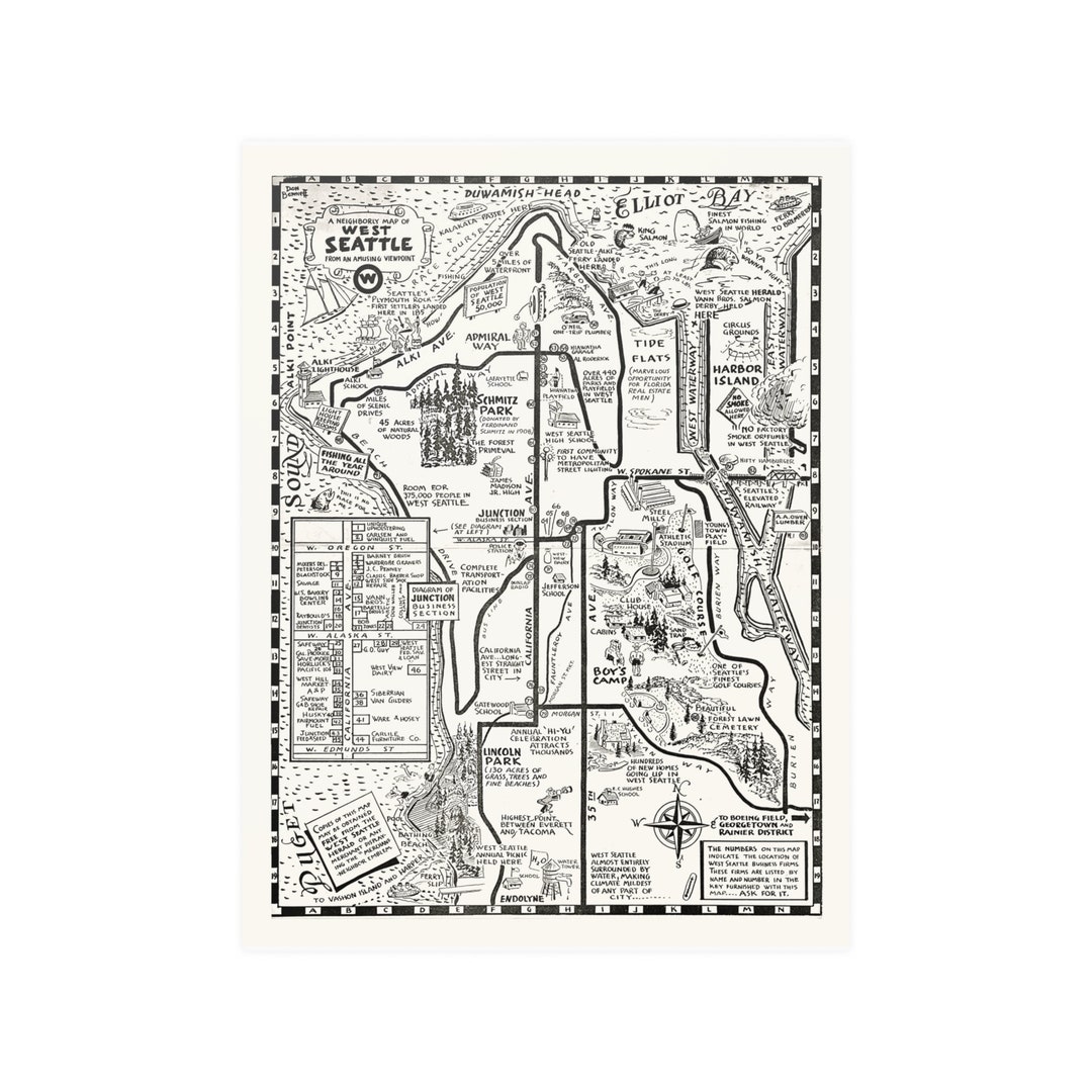 Seattle 1930s Rare Old Vintage Map Hand Drawn Don Bennett West Seattle ...