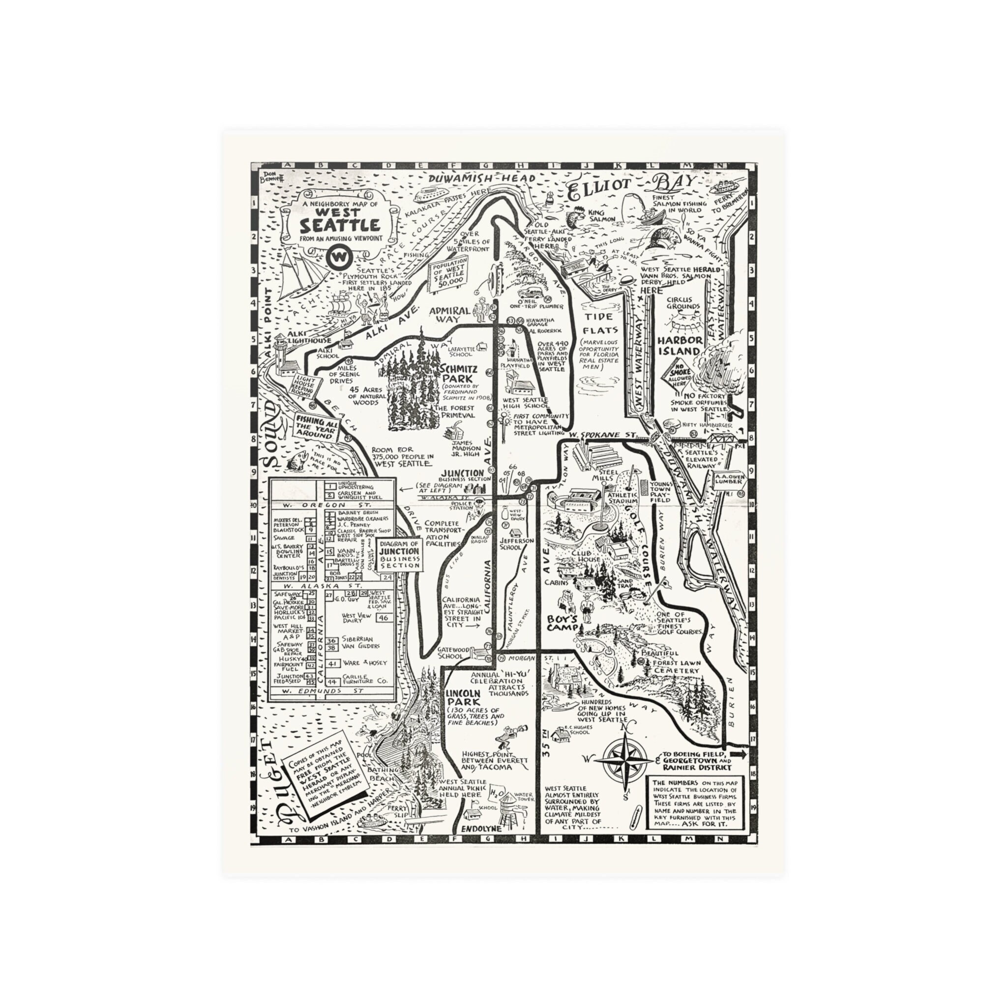 Seattle - 1930s Rare Old Vintage Map Hand Drawn Don Bennett - West ...