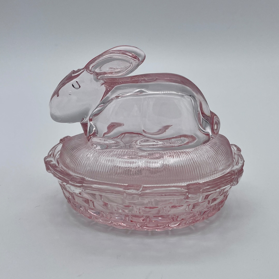 Vintage ~ Bunny on a Nest / in a Basket ~ Soft Pink Glass ~ 2 Piece ...