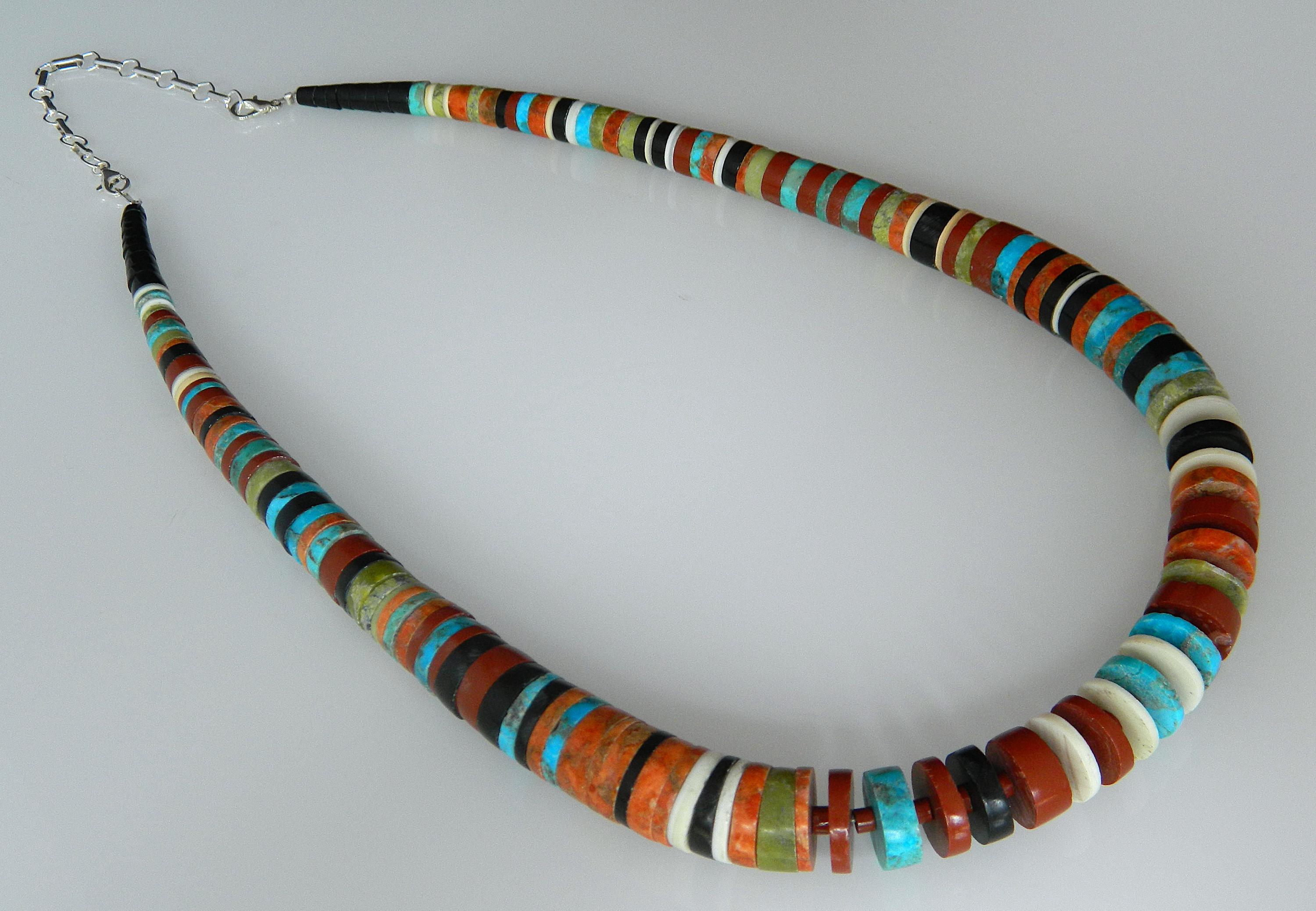 Native American Santo Domingo Graduated Turquoise Coral Pipestone Jet ...