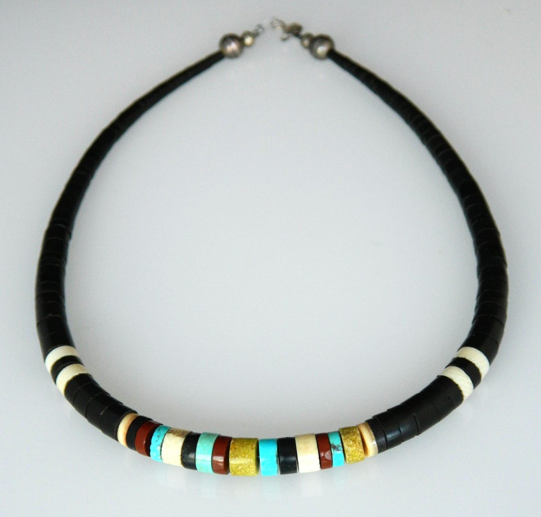 Native American Santo Domingo Graduated Jet Turquoise Pipestone Yellow ...