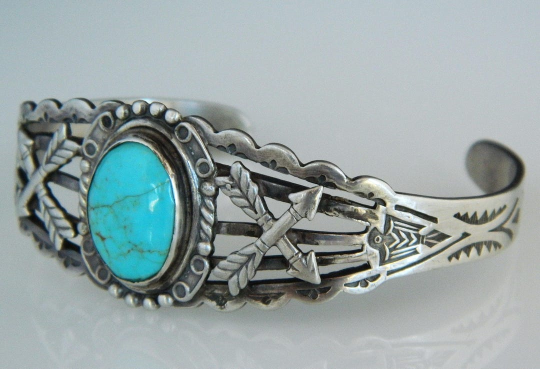 Native American Navajo Dead Pawn Blue Turquoise Hand Stamped Sterling ...