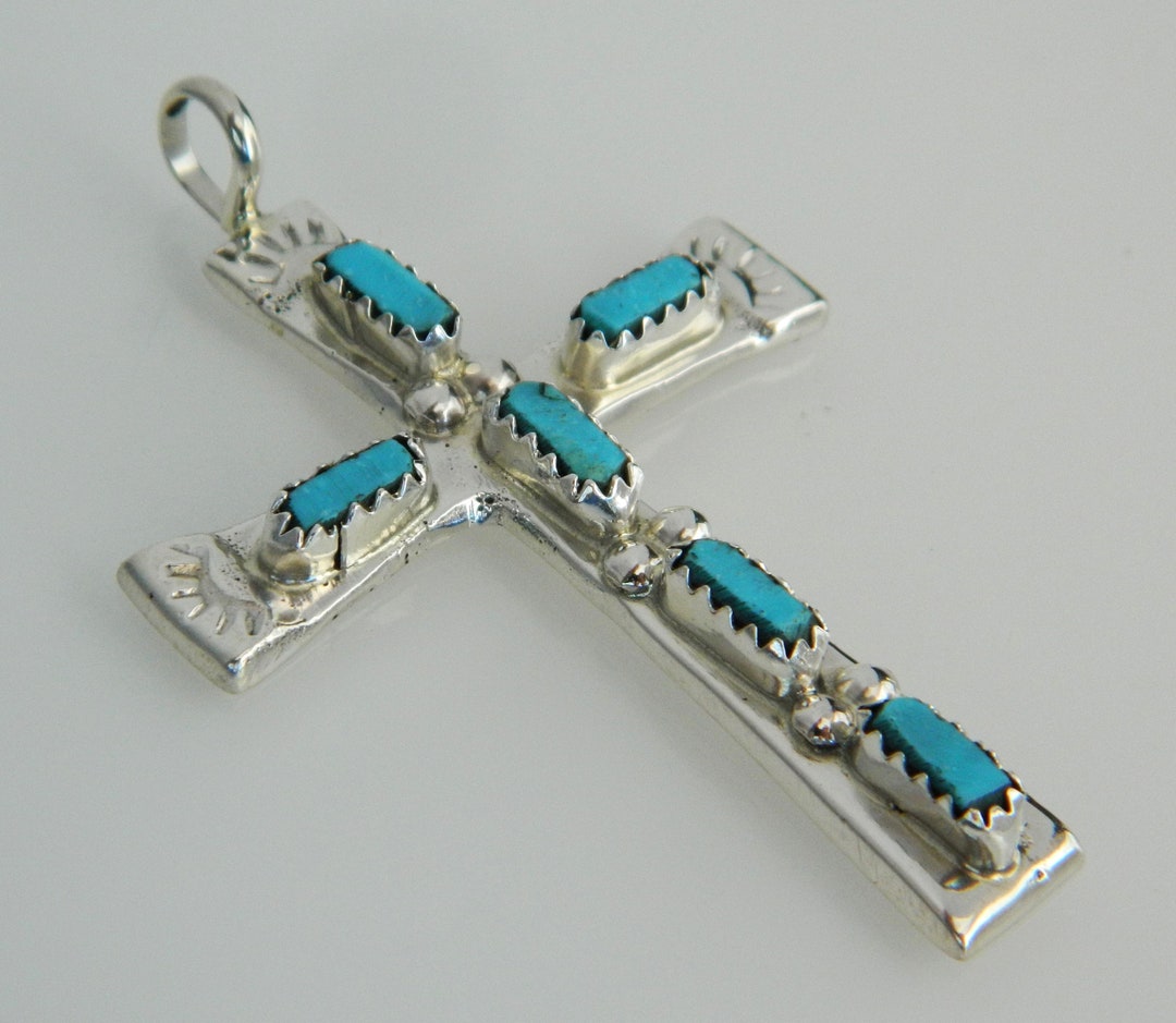 Native American Zuni Turquoise Sterling Silver Handmade Cross Pendant ...