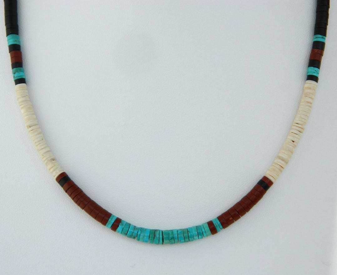 Native American Santo Domingo Blue Turquoise Pipestone Jet Shell Heishi ...