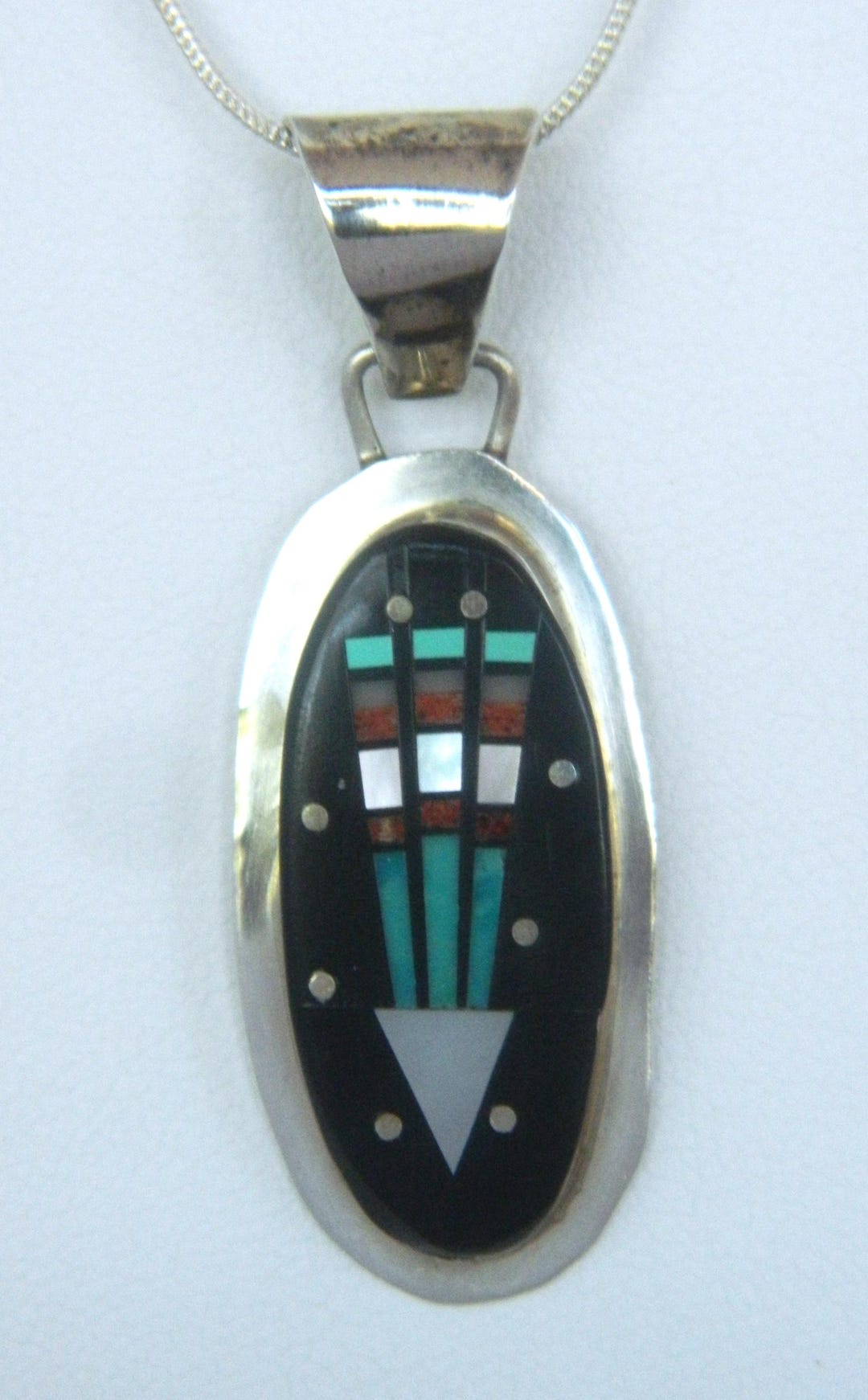 Native American Old Pawn Navajo Turquoise Coral MOP Micro Inlay Arrow ...