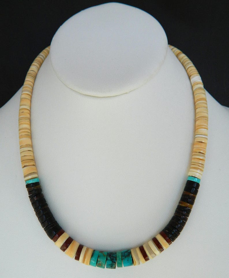Native American Santo Domingo Pawn Graduated Turquoise Pipestone Shell ...