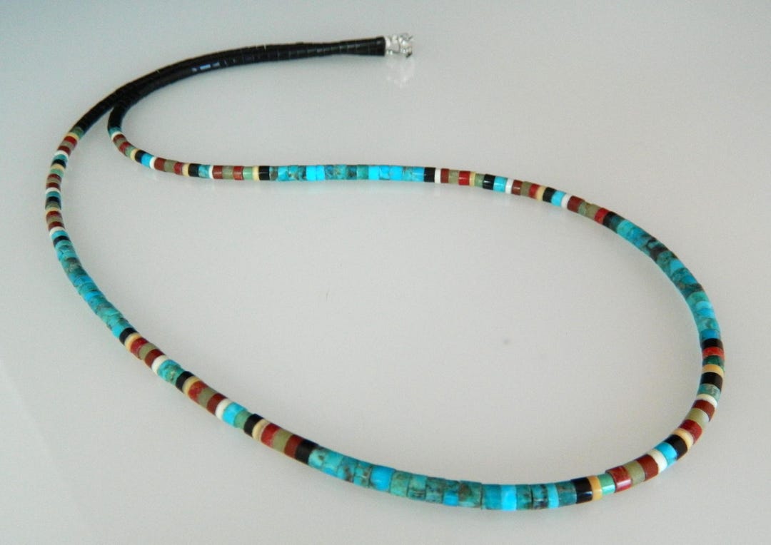 Native American Santo Domingo Turquoise Apple Coral Jet Heishi Silver Handmade Necklace Dorene ...