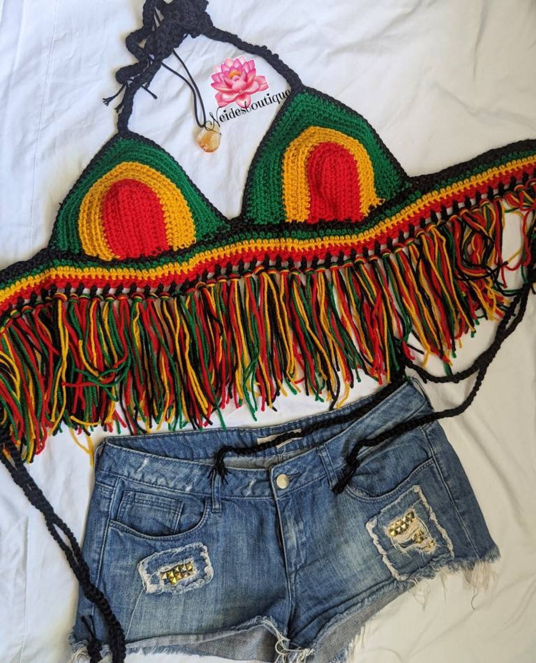 Rasta Fringe Bralette, Rasta Crop Top, Crochet Top, Beach Skirt ...